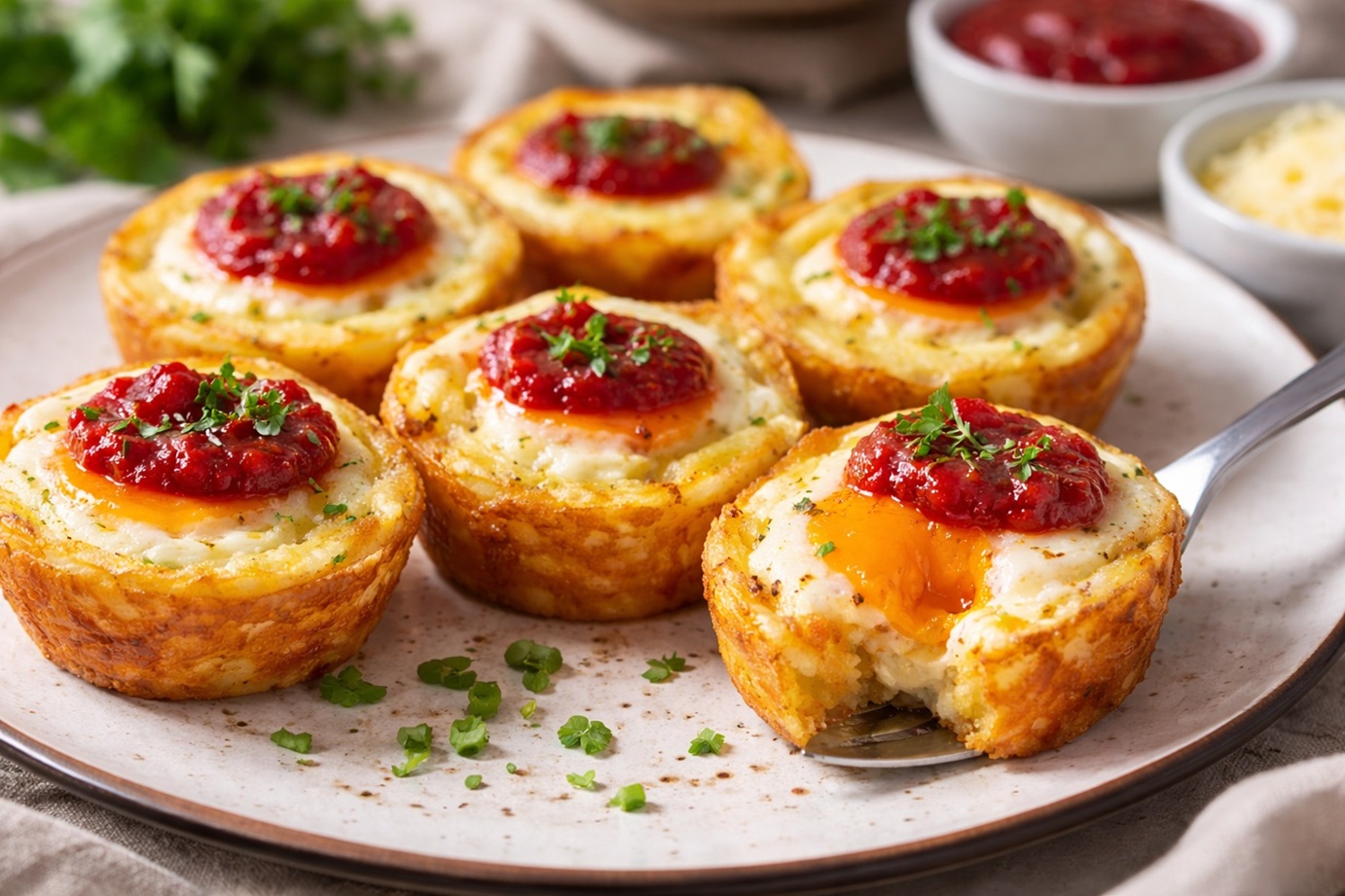 Zemiakové košíčky s vajíčkom a syrom sú rýchly snack z rúry